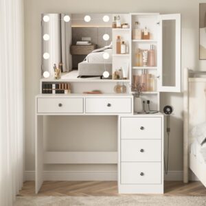 fameill white makeup vanity desk with mirror and lights,vanity table with power strip and lighted mirror,large makeup table with 5 drawers lots storage,3 lighting modes,39.4inch(l)