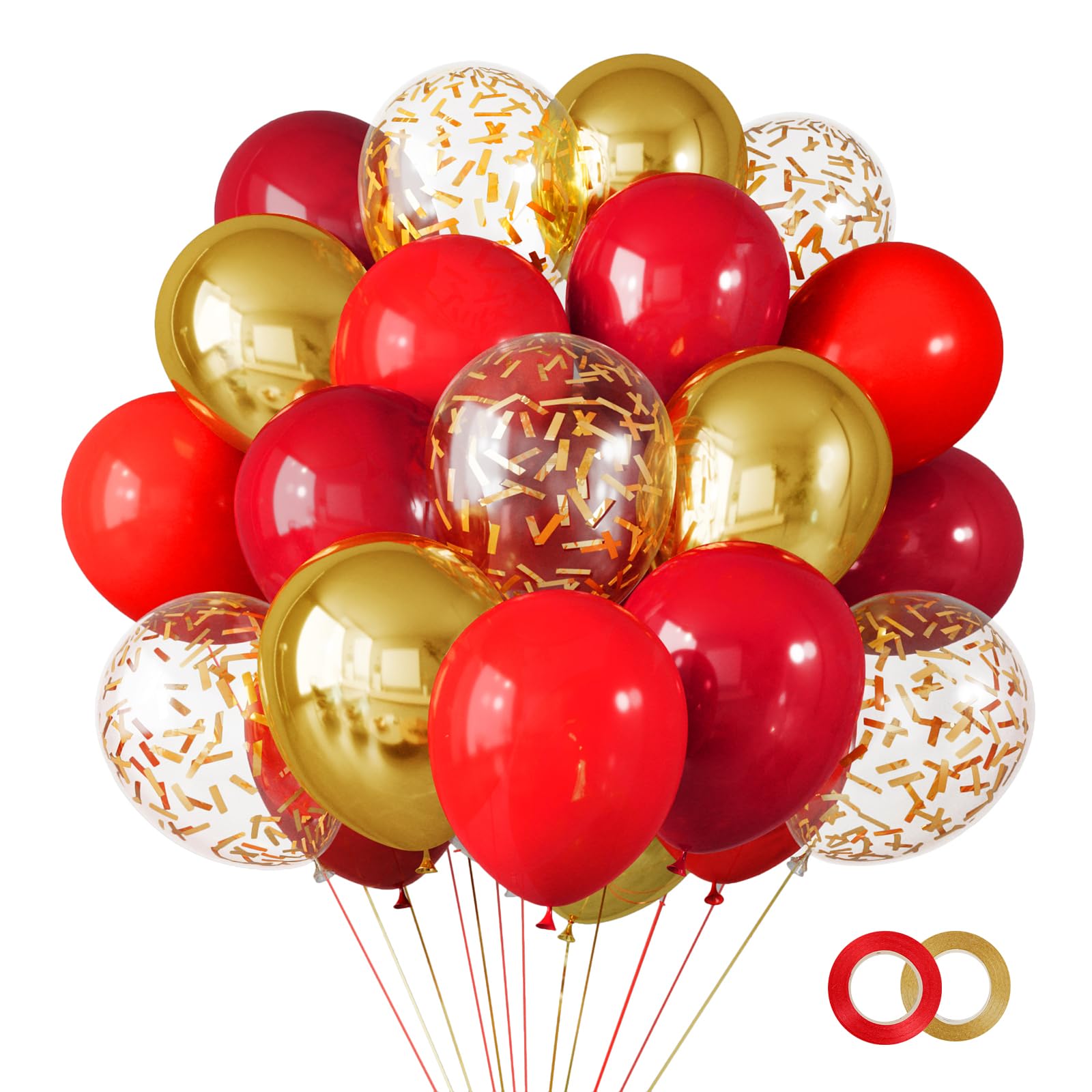 RUBFAC 65 Pcs 12 Inches Red and Gold Balloon, Burgundy Party Balloons, Metallic Gold Balloons, Gold Confetti Balloons for Wedding Party Bridal Shower Valentine's Day Decorations