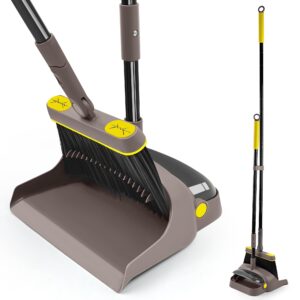 jehonn broom with dustpan combo set lightweight 54'' long handle swivel broom indoor patented openable dust pan tail for kitchen home office (brown yellow)