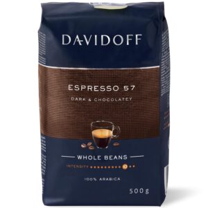 davidoff espresso 57 whole beans - dark and chocolatey - intense roast with a smooth aroma - 100% arabica beans - 10/12 intensity. 12/12 roasting. 4/12 acidity - 1 x 17.63 oz