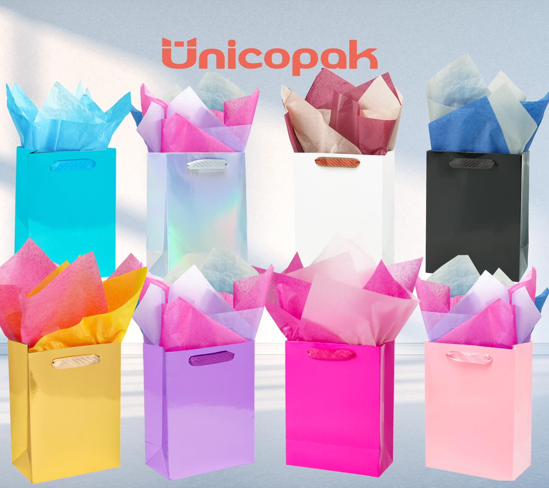 UnicoPak Iridescent Gift Bags, 30 Pcs Small Size 6x3.2x8 Inch Cardboard Paper with Waterproof Glossy Finish, Party Favor Bags for Birthday, Wedding, Bridal Shower