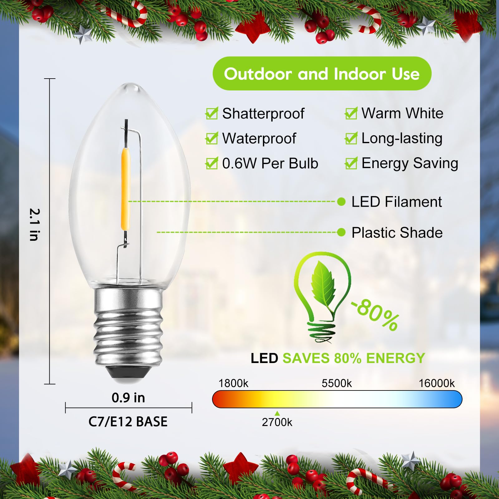 8 Pack C7 LED Night Light Bulbs, C7 E12 Candelabra Christmas Replacement Bulbs, Salt Lamps Window Candles Chandeliers Replacement Bulbs,0.6W Equivalent 4W 5W 6W 7W Incandescent Bulbs, Warm White