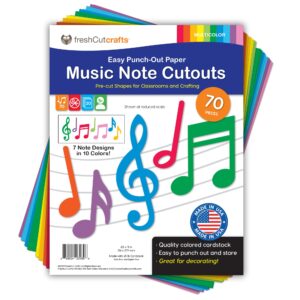 70pcs colorful music notes cutouts musical party decorations in 7 designs, us made card stock easy punch out, music concert, 50s rock & roll party, musical play, bulletin board, music themed crafts