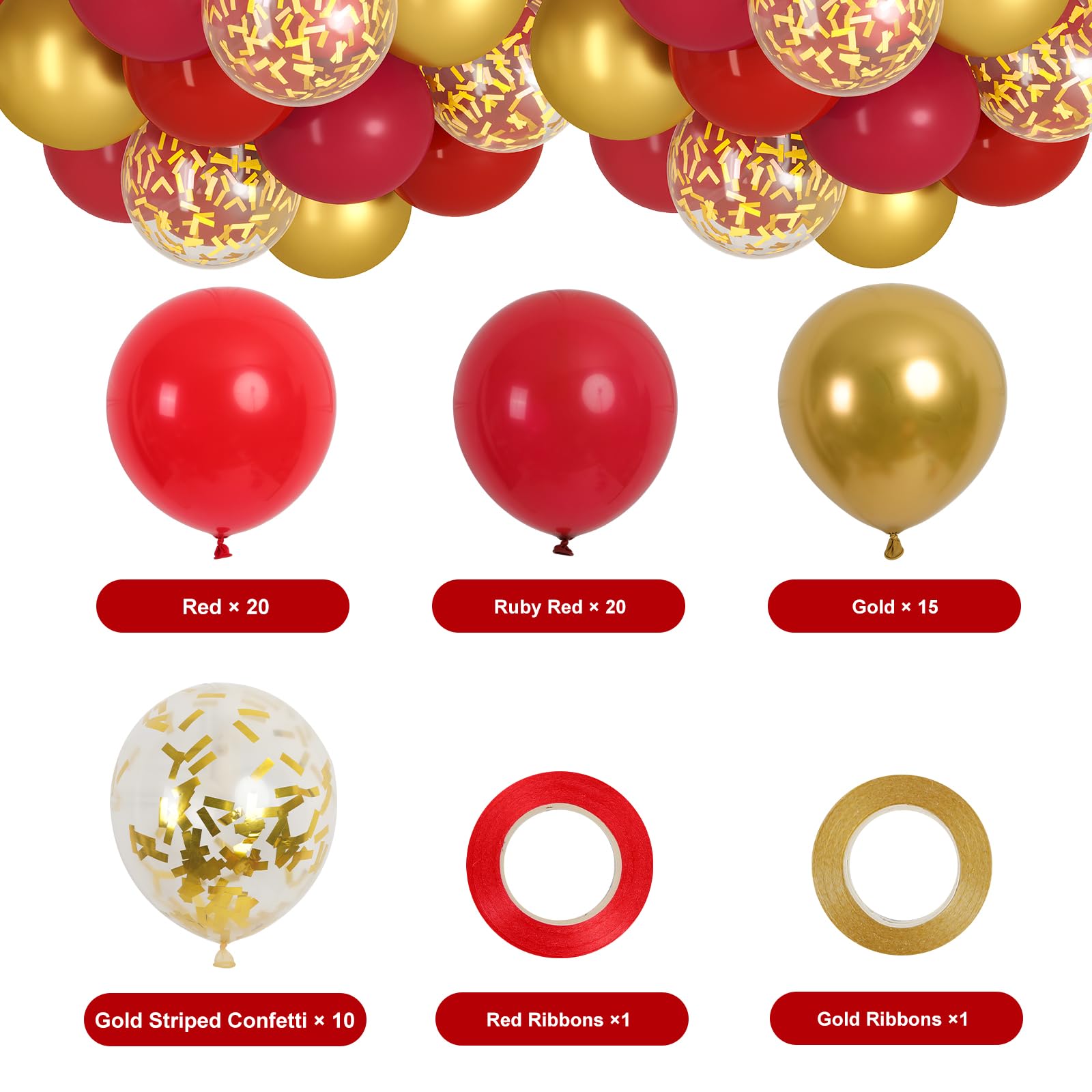 RUBFAC 65 Pcs 12 Inches Red and Gold Balloon, Burgundy Party Balloons, Metallic Gold Balloons, Gold Confetti Balloons for Wedding Party Bridal Shower Valentine's Day Decorations