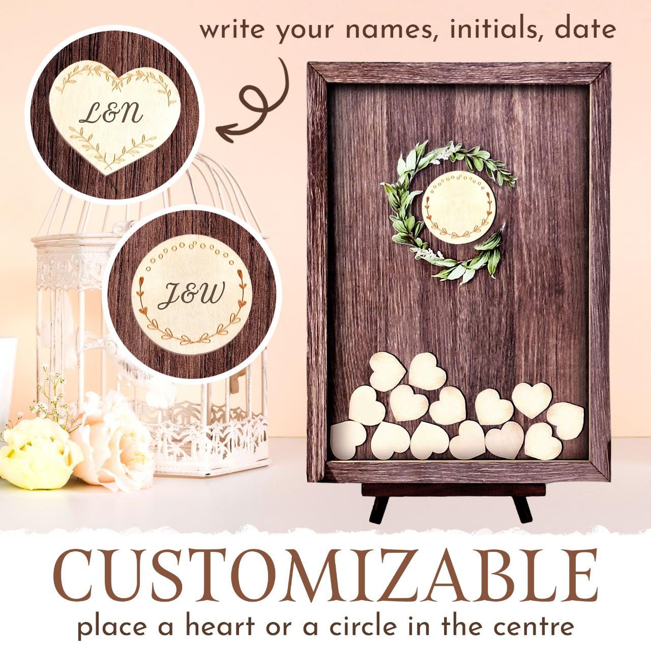 Wedding Guest Book Alternative with Rustic Wooden Rollerball Pen and Stand , Rustic wedding Decoration 80 Hearts Green Wreath , Wedding Guest book , Guest book , guest book wedding reception ,