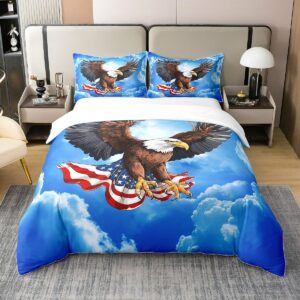 watercolor eagle 100% nature cotton duvet cover,american flag red stripes stars bedding set for room decor,blue sky natural landscape all season bedding with zipper closure queen size