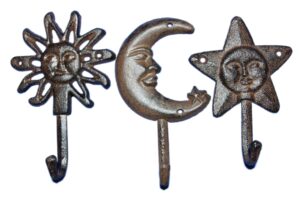 set of 3 cast iron sun, moon and star wall hooks for entryways or any hanging storage location you need a handy hook. heavy duty and durable!