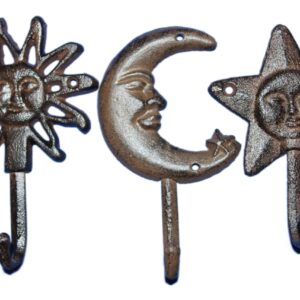 Set of 3 Cast Iron Sun, Moon and Star Wall Hooks for Entryways or Any Hanging Storage Location You Need a Handy Hook. Heavy Duty and Durable!