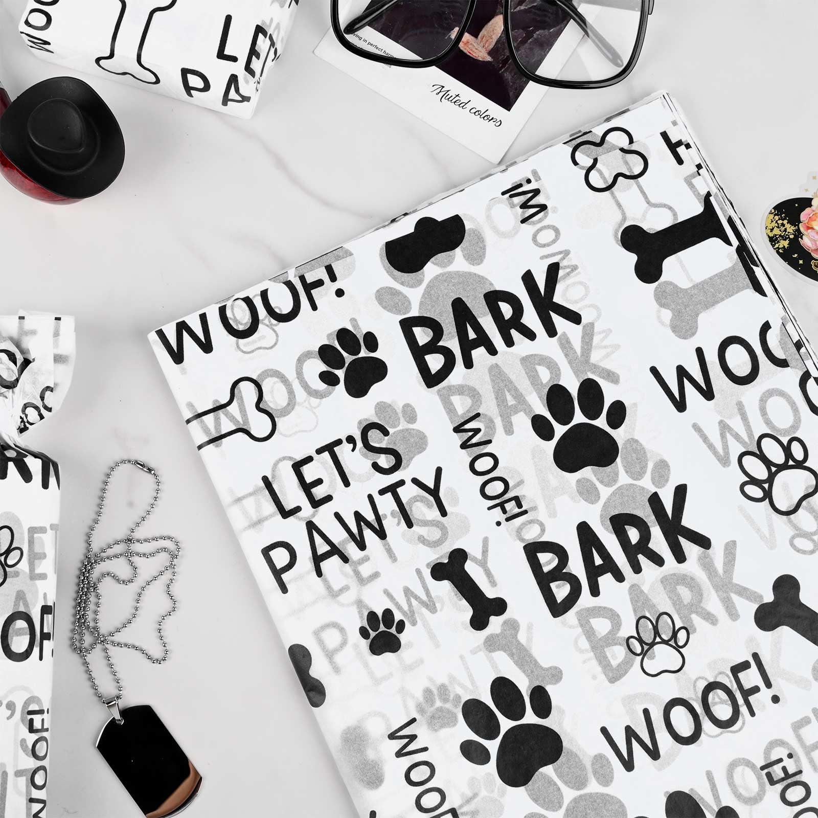 100 Sheets 20 * 14 Inches Dog Paw Print Tissue Paper, Puppy Paws Gift Wrap Tissue, Let's Pawty Woof Bark Pattern Tissue Paper for Gift Wrapping for Birthday Baby Shower DIY Craft