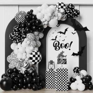 137pcs black and white balloon garland arch kit,agate marble polka dot balloons checkered racing mylar balloon for halloween race car theme birthday bachelorette retirement graduation party decor