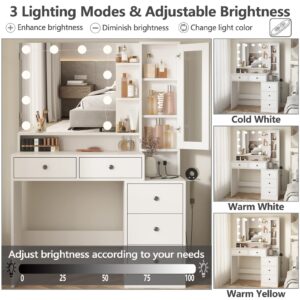 Fameill White Makeup Vanity Desk with Mirror and Lights,Vanity Table with Power Strip and Lighted Mirror,Large Makeup Table with 5 Drawers Lots Storage,3 Lighting Modes,39.4inch(L)