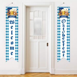 Oktoberfest Welcome Banner Decorations, Blue and White Bavarian Flag Check Welcome Porch Sign Banner, Welcome Oktoberfest Door Banner Decorations for German Oktoberfest Beer Festival Party Supplies