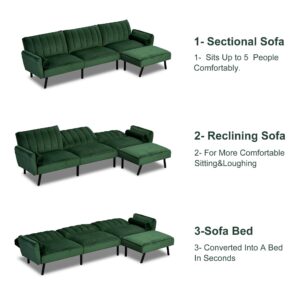 DURASPACE Velvet Sectional Convertible Sofa with Chaise, 106.5" L Shape Sectional Sofa Couch with USB, Split Back Folding Futon Couch for Living Room (Green)