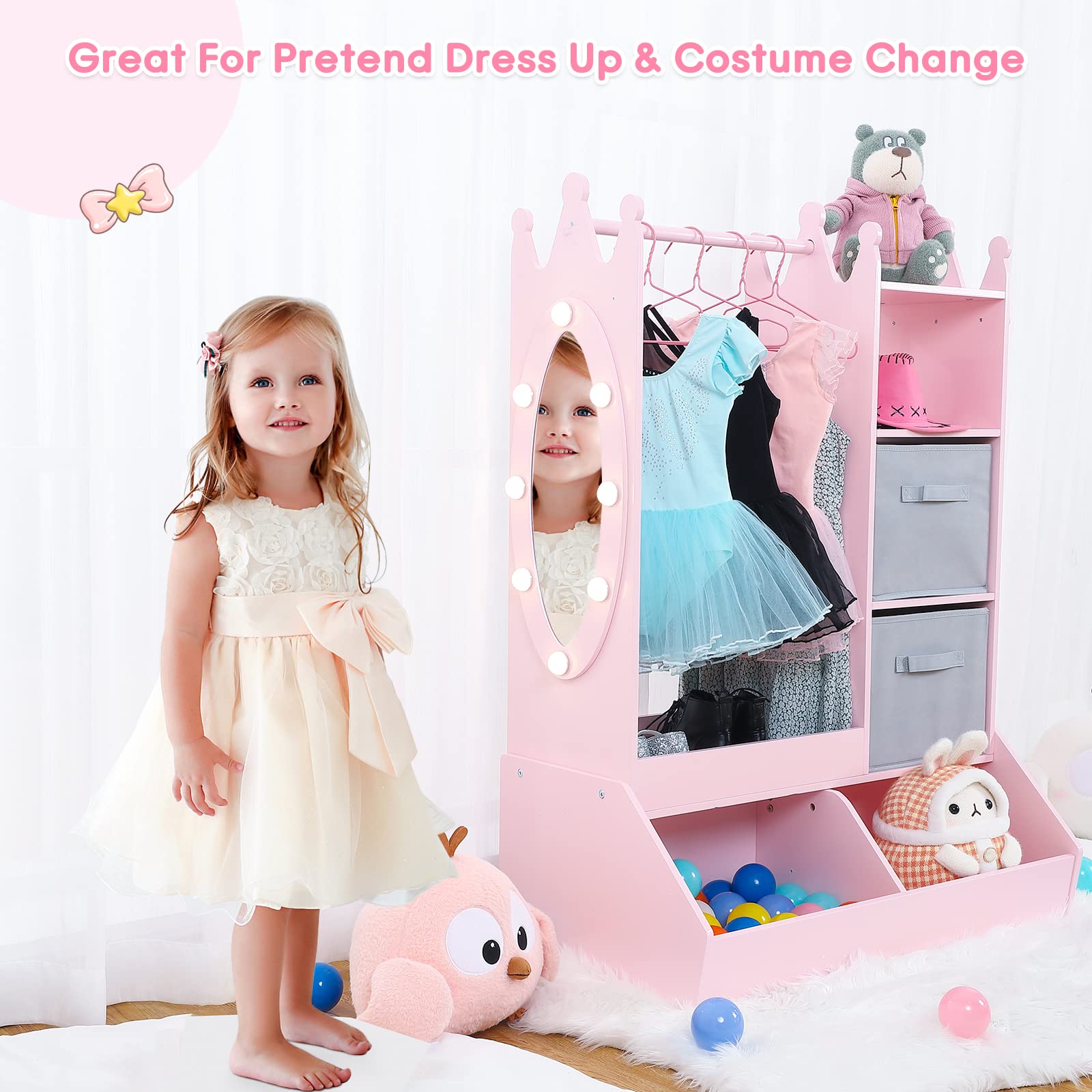 Pink Dress-Up Storage for Girls - Includes Light, Mirror, Clothing Rack with Bin, and Open Hanging Armoire Closet