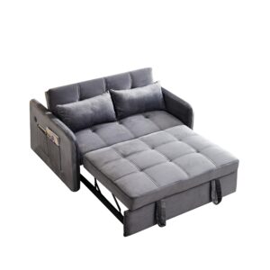 Convertible Sleeper Sofa Bed w/Pullout Bed 4-1 Multi-Functional Sofa Bed with Side Bags and USB Port Velvet Loveseat Futon Sofa Couch for Living Room or Apartments (Grey)