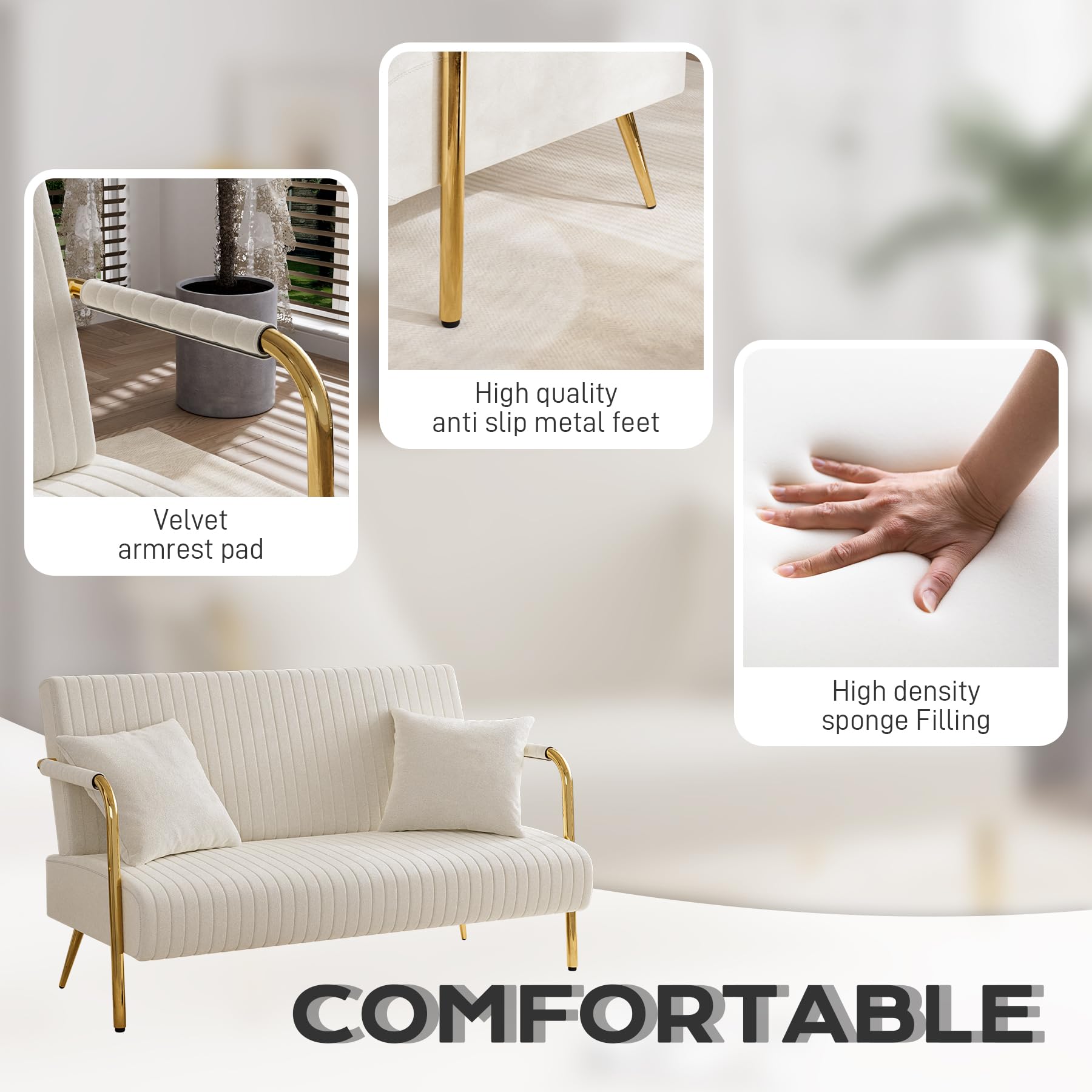 Wrofly 59" Small Loveseat Sofa, Modern 2 Seater Sofa Couch, Upholstered Love Seat Couch with 2 Pillows, Gold Metal Legs, Perfect for Living Room, Bedroom, Small Space, Beige White Velvet