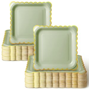 uiifan 50 pack plates sage green disposable plates sage green paper plates for party dessert plates bulk gold border disposable paper plates set for wedding engagement bridal shower (9inch)