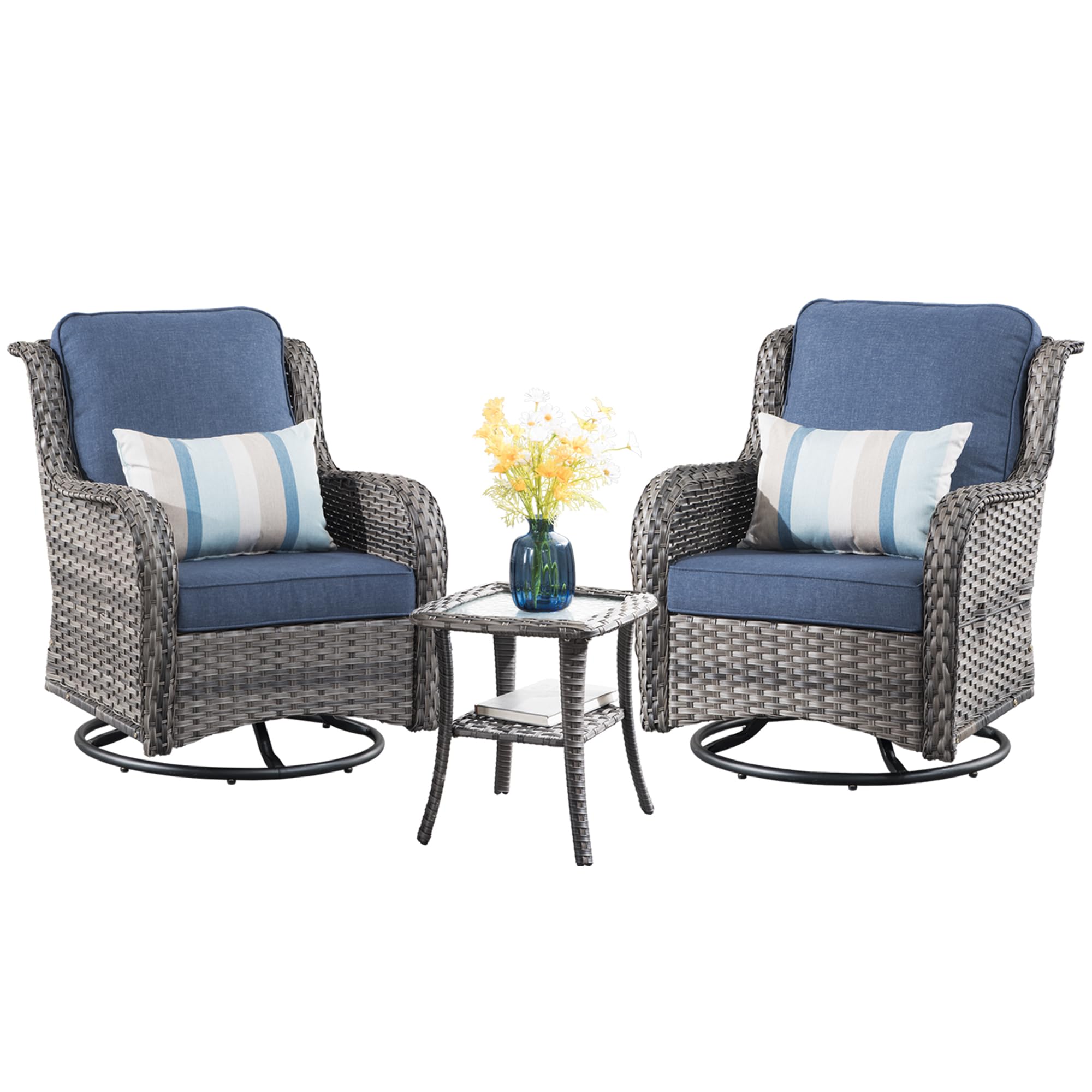 ovios 3 Pieces Patio Rocking Chairs with Side Table, Outdoor Wicker Swivel Chairs of 2, High Back Glider Chairs Rocker Set for Garden, Grey Rattan Denim Blue Cushions