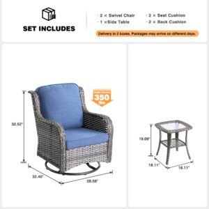 ovios 3 Pieces Patio Rocking Chairs with Side Table, Outdoor Wicker Swivel Chairs of 2, High Back Glider Chairs Rocker Set for Garden, Grey Rattan Denim Blue Cushions