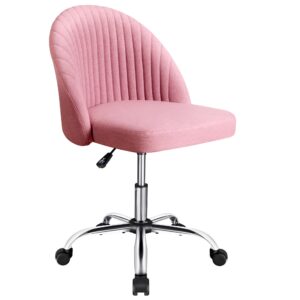 jummico home office desk chair vanity chair twill upholstered adjustable mid-back armless swivel task chair modern fabric office chairs with wheels for bedroom, living room, make-up (pink)