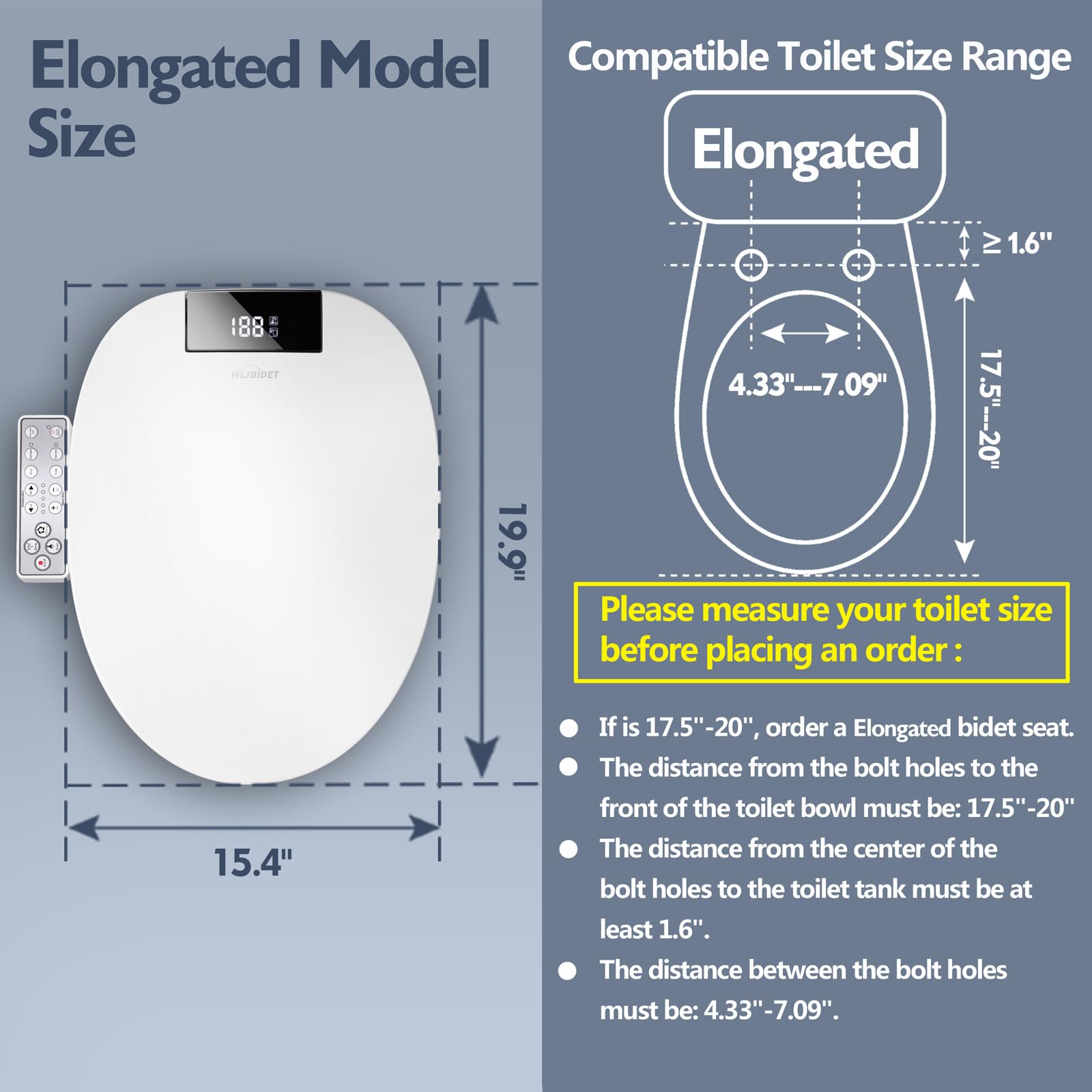 WLJBIDET Bidet Toilet Seat Elongated, Electronic Heated Toilet Seat with Warm Water Rear and Front Wash, Adjustable Warm Air Dryer, Self-Cleaning Stainless Steel Nozzle, Slow Closed Toilet Seat