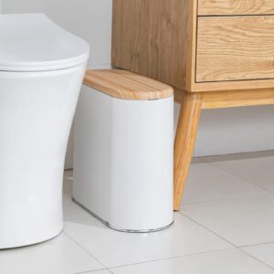 bathroom trash can with lid, 10 liter/2.6 gallon small garbage can dog proof , modern office waste basket with press top, slim plastic kitchen trash bin, white bathroom trash can boho,toilet trash can