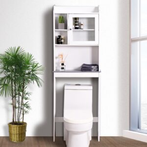 goawgo modern over the toilet space saver organization wood above toilet storage cabinet with glass doors and adjustable shelves for home,bathroom cabinet over toilet，white