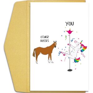 qiliji funny unicorn boss card, boss day card for boss men women, boss birthday card, boss appreciation card, boss gift for him her, pole dancing boss card