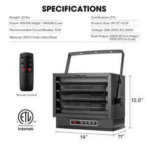 VIVOSUN 8500W Garage Heater, 240V Electric Garage Heater with 3 Modes(8500W/5600W/Only Fan), Digital Powerful Shop Heater with Remote, No-Plug Design, 8-Hour Timer, Digital Thermostat, ETL Listed