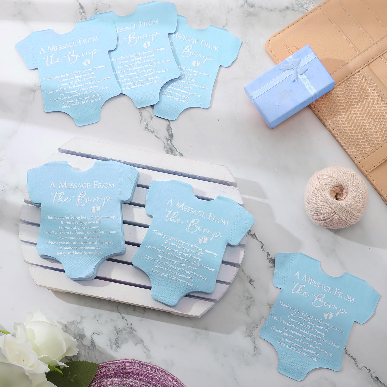 Colarr 100 Pcs Small Baby Shower Napkins Bodysuit Shape Gender Reveal Decorations Party Napkins a Message from the Bump Cocktail Disposable Paper Napkins for Baby Shower Thank You Gift (Blue)