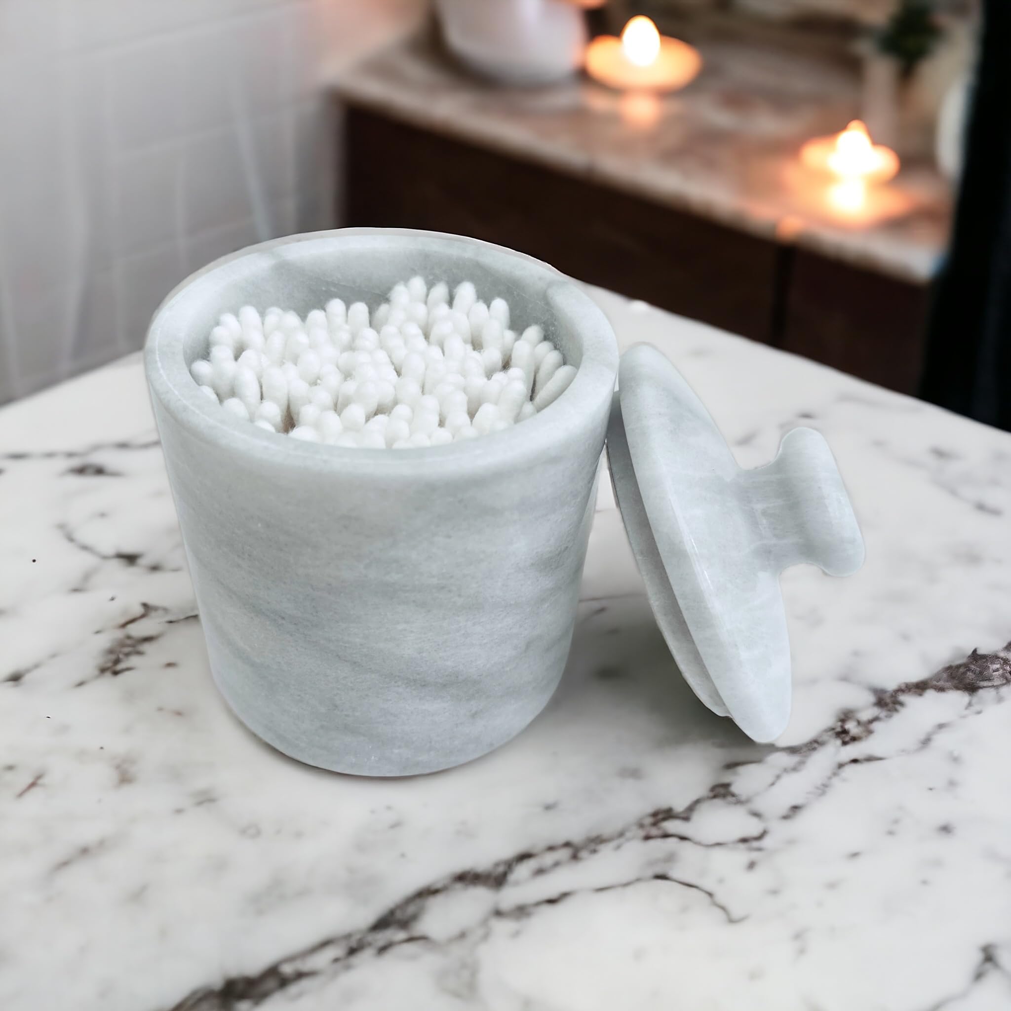 Hapton House White Natural Marble Small Lidded Canister - Vanity Storage Jar with Lid - Q-Tip, Cotton Swab, Cotton Ball, Makeup Pad, Bath Salt Storage - Bathroom Organizer - Home Décor