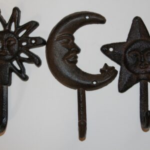 Set of 3 Cast Iron Sun, Moon and Star Wall Hooks for Entryways or Any Hanging Storage Location You Need a Handy Hook. Heavy Duty and Durable!