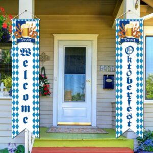 oktoberfest welcome banner decorations, blue and white bavarian flag check welcome porch sign banner, welcome oktoberfest door banner decorations for german oktoberfest beer festival party supplies