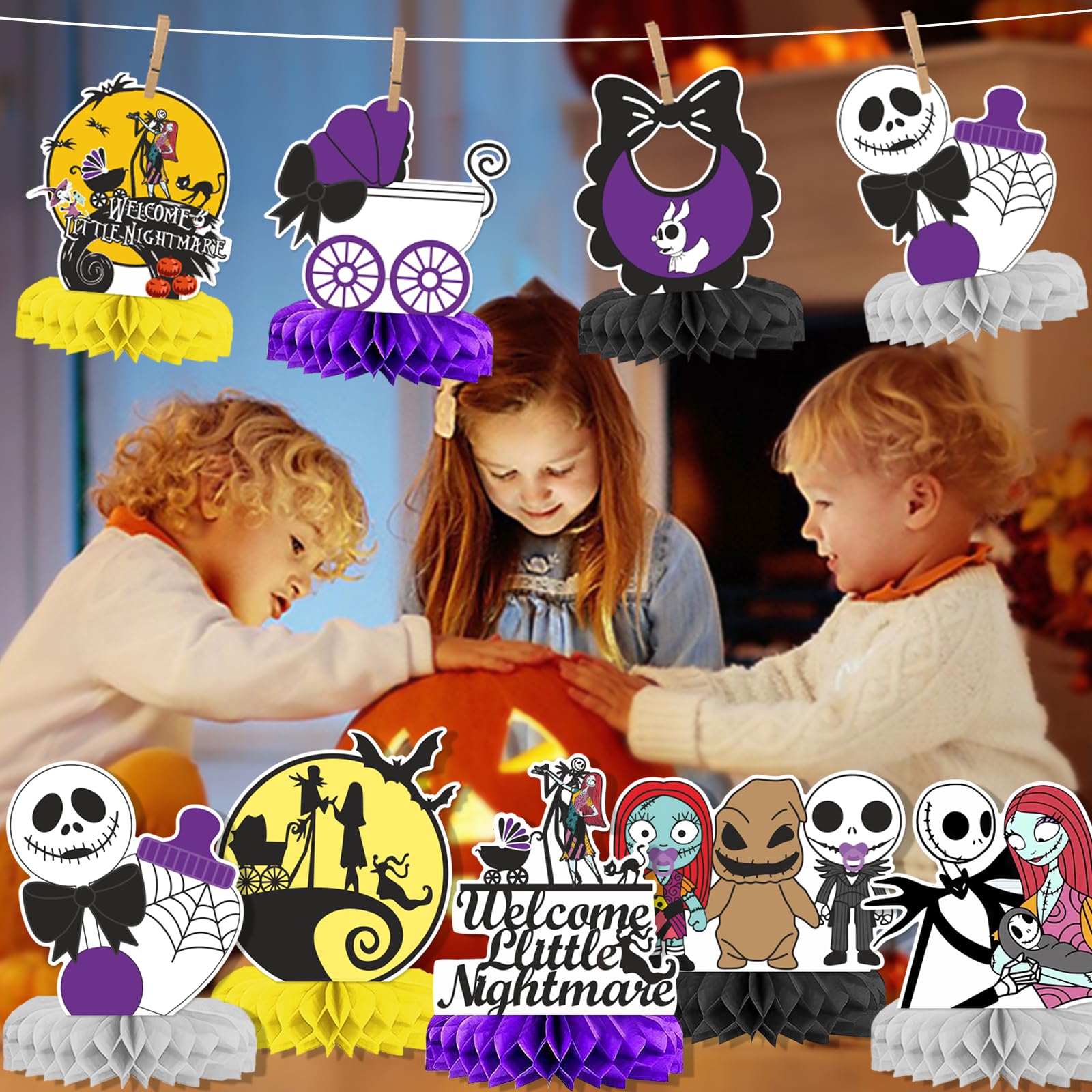 9Pcs Nightmare Before Baby Shower Centerpiece Honeycomb Nightmare Table Decorations Nightmare Before Decorations for Halloween Nightmare Christmas Baby Shower Party Decorations Halloween Baby Shower