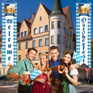 Oktoberfest Welcome Banner Decorations, Blue and White Bavarian Flag Check Welcome Porch Sign Banner, Welcome Oktoberfest Door Banner Decorations for German Oktoberfest Beer Festival Party Supplies