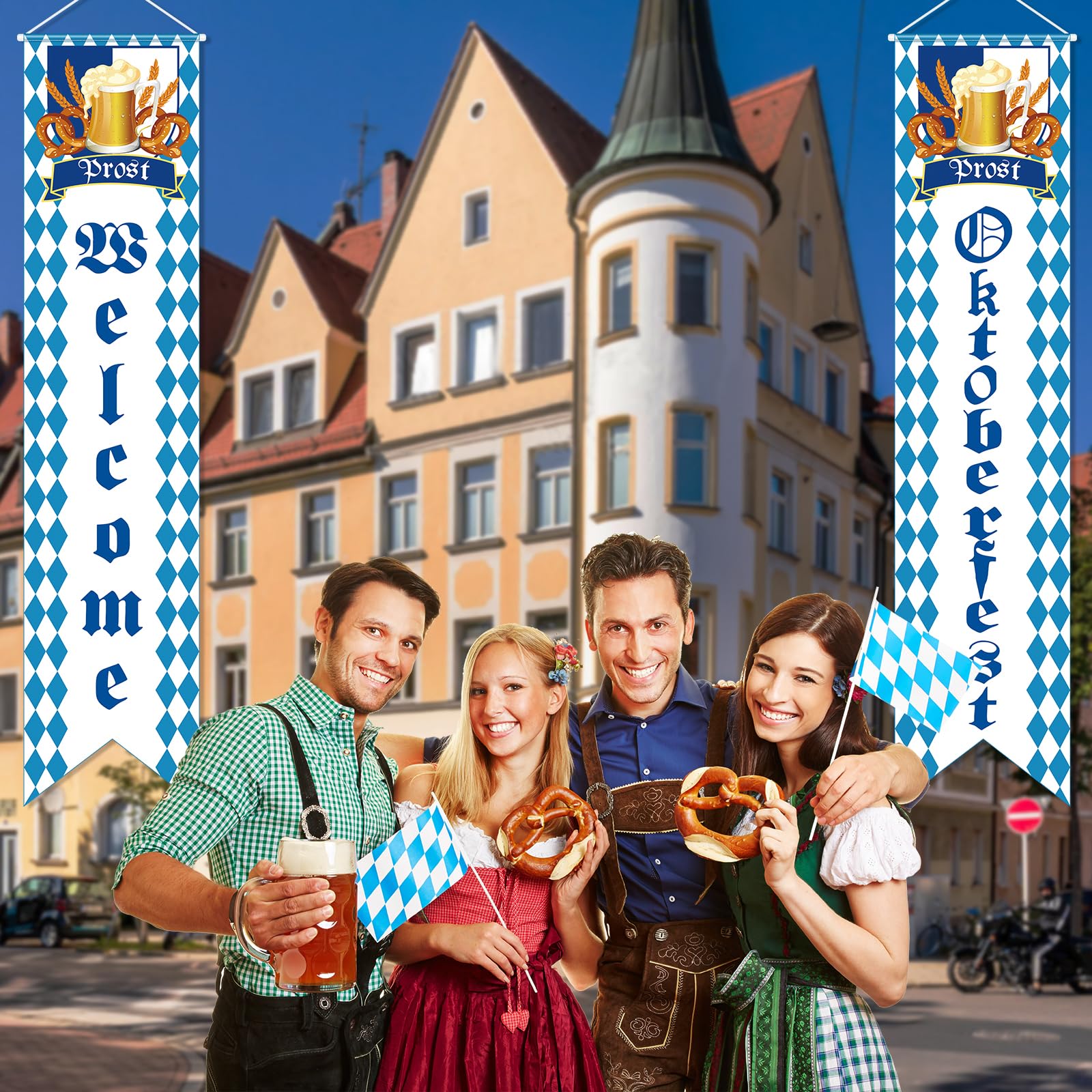 Oktoberfest Welcome Banner Decorations, Blue and White Bavarian Flag Check Welcome Porch Sign Banner, Welcome Oktoberfest Door Banner Decorations for German Oktoberfest Beer Festival Party Supplies