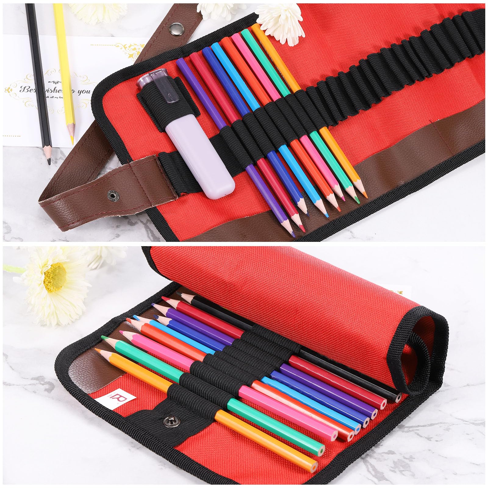 PATIKIL Handmade 36 Slots Roll Up Pencil Case, Oxford Cloth Pencil Wrap Pouch Pen Holder Organizer for Artist Drawing Coloring Sketching, Red