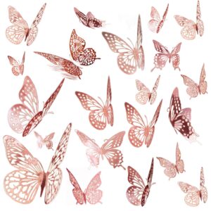 josdiox 3d butterfly removable metallic wall sticker 4 styles 3 sizes, mural decals for kids room bedroom décor nursery classroom party decoration wedding diy (rose gold 48 pcs)