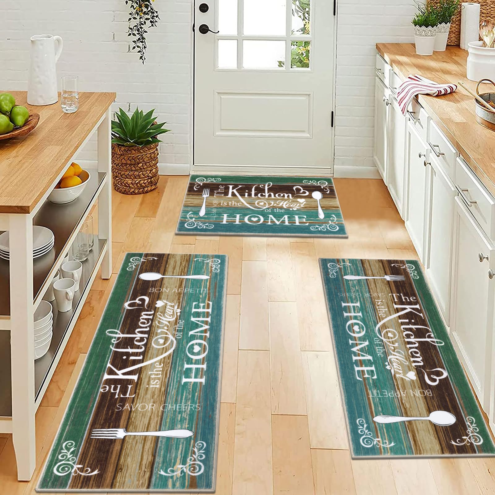 Vaukki Boho Kitchen Rug Sets 3 Pieces, Washable Kitchen Mats for Floor, Non Slip Soft Kitchen Area Rug Floor Mat for Kitchen, Laundry Room and Hallway (Teal, 20''x32''+20''x47''+20''x59'')