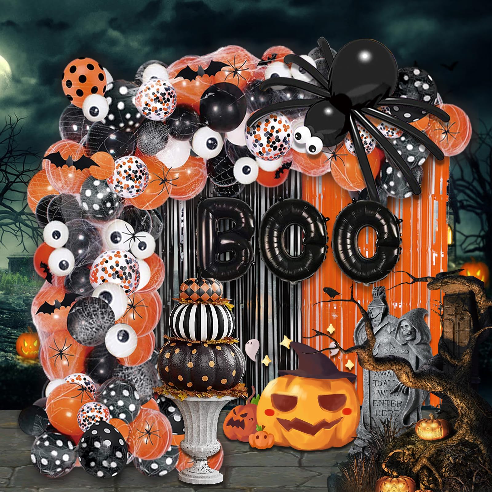 AIBIIN 116 Halloween Party Balloons Halloween Balloon Arch Garland Kit Black Orange Confetti Balloons Orange Black Foil Fringe Curtain Halloween Spooky Boo Birthday Baby Shower Party Balloons Supplies