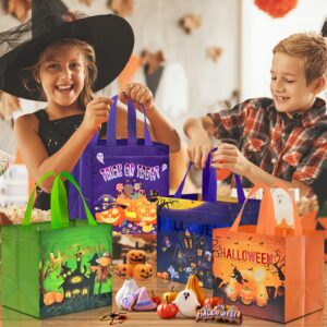 AhfuLife 6 Pcs Halloween Trick or Treat Bags, Halloween Candy Tote Bags with Handles, Reusable Halloween Non-Woven Gift Bags for Halloween Party Supplies Favors (7.8×7.8×5.9’’)