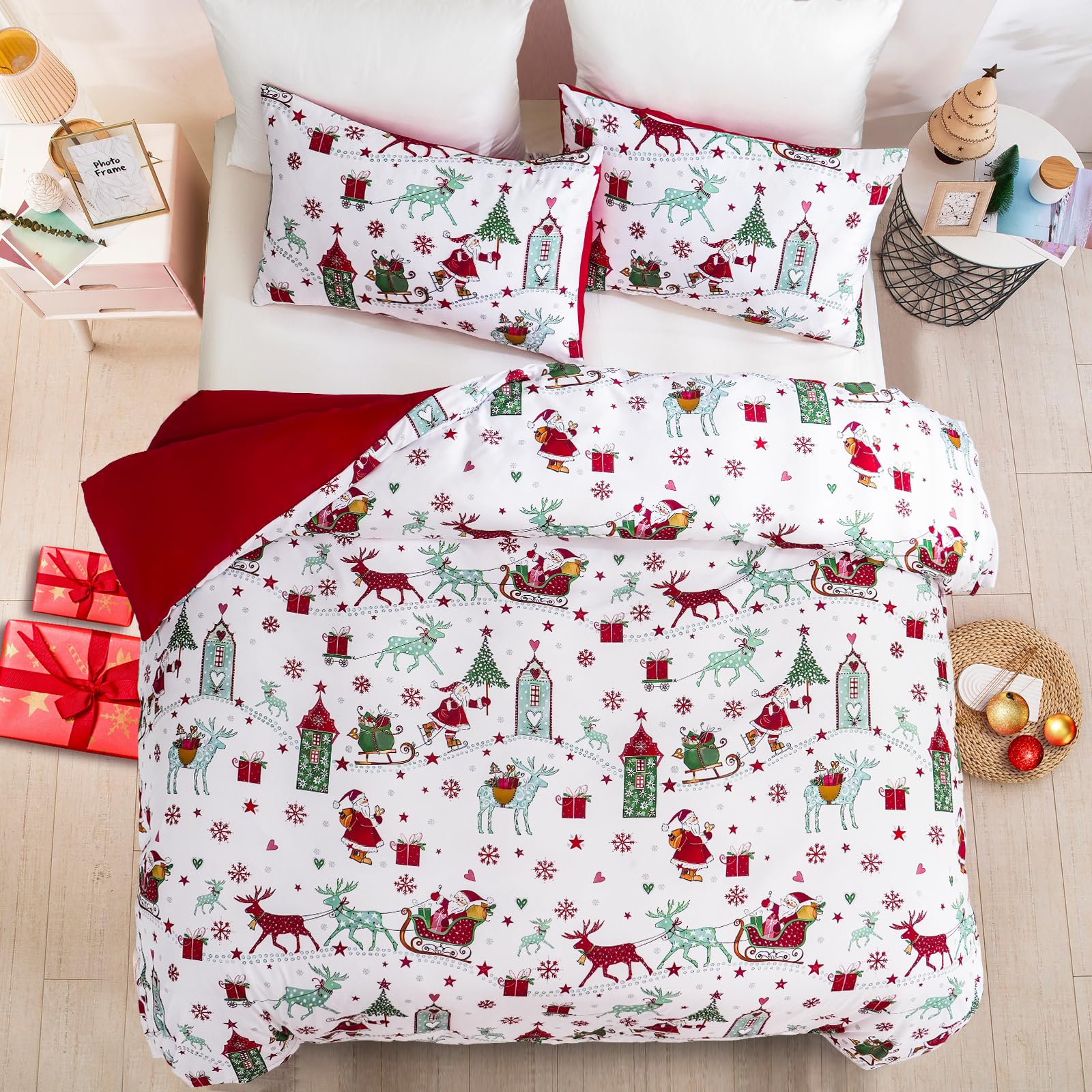 WONGS BEDDING Christmas Duvet Cover Set King Santa Elk Christmas Tree Pattern Xmas Duvet Cover for Boys Girls,Soft Microfiber Bed Comforter Cover for New Year 104"×90"