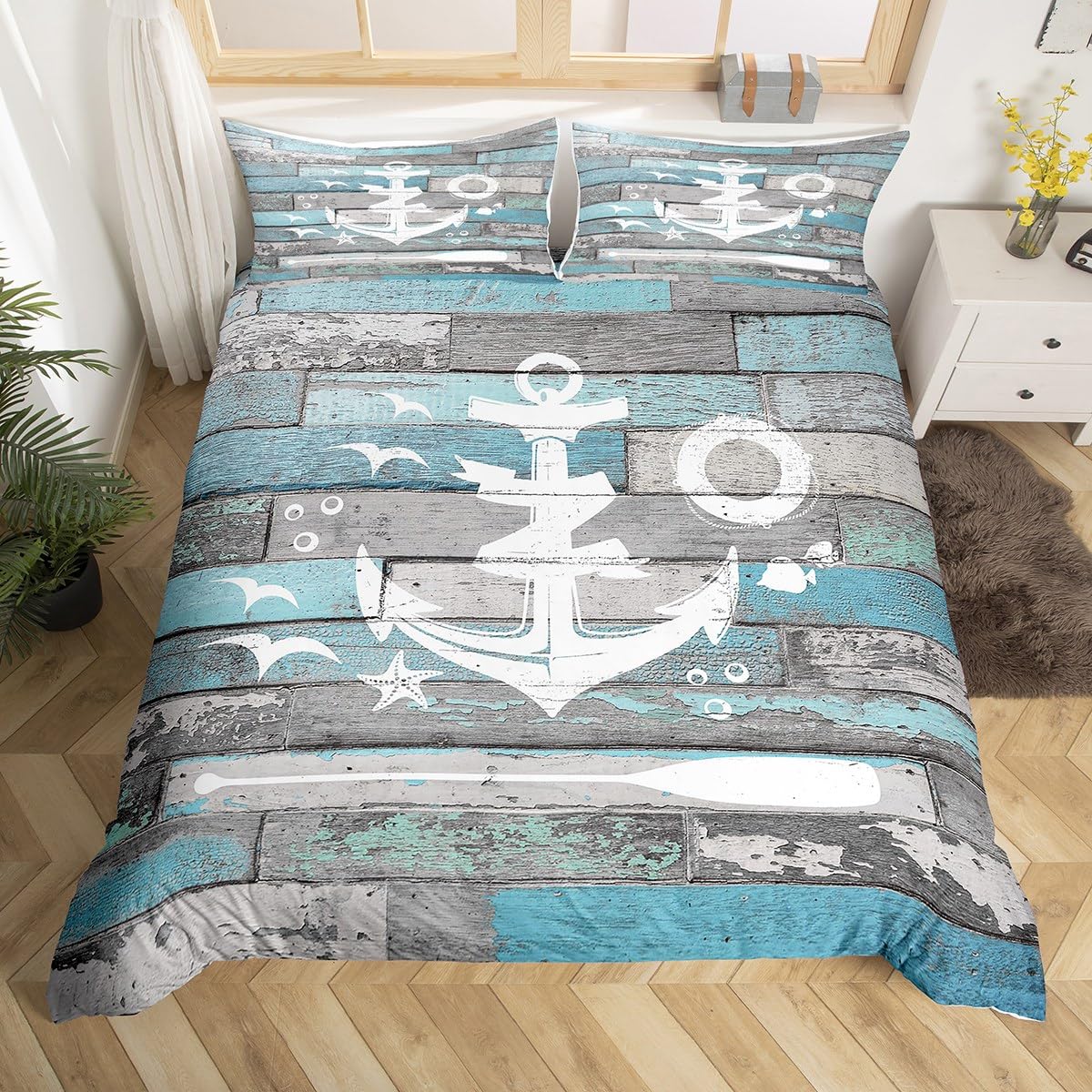 White Ship Anchor Duvet Cover King Ocean Nautical Bedding Set for Adults Women,Retro Blue Wooden Plank Lake Paddle Comforter Cover Country Lake Cabin Decor,Rustic Farmhouse Decor Lake Life Decor