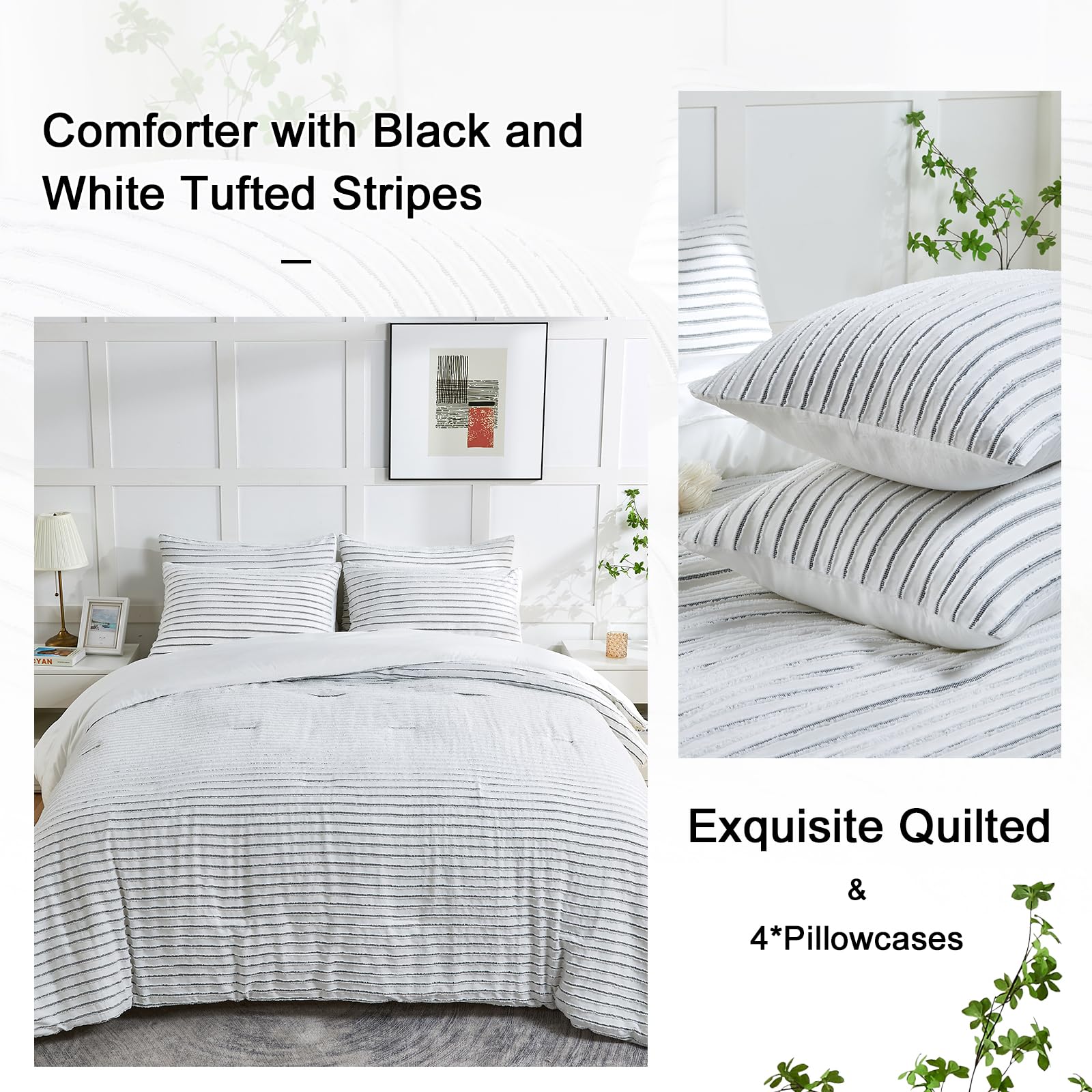 ENJOHOS Twin Comforter Set, 5 Pieces Twin Bed in a Bag Set with Sheets for College Girls Boys, Comforter with Tufted Black White Stripes, Lightweight Microfiber Comforter Bedding