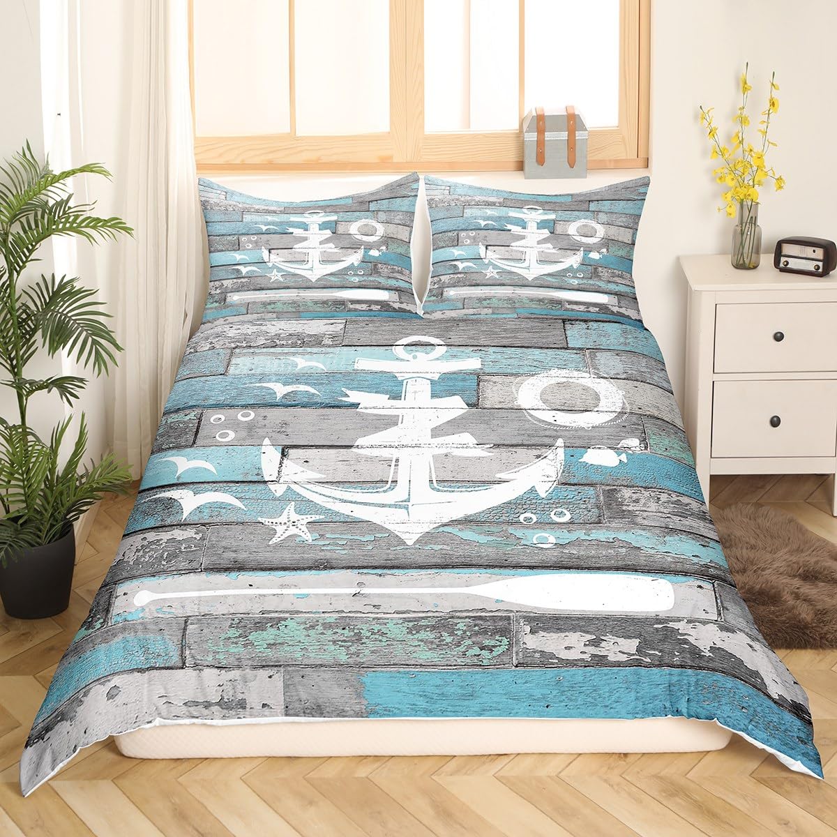 White Ship Anchor Duvet Cover King Ocean Nautical Bedding Set for Adults Women,Retro Blue Wooden Plank Lake Paddle Comforter Cover Country Lake Cabin Decor,Rustic Farmhouse Decor Lake Life Decor