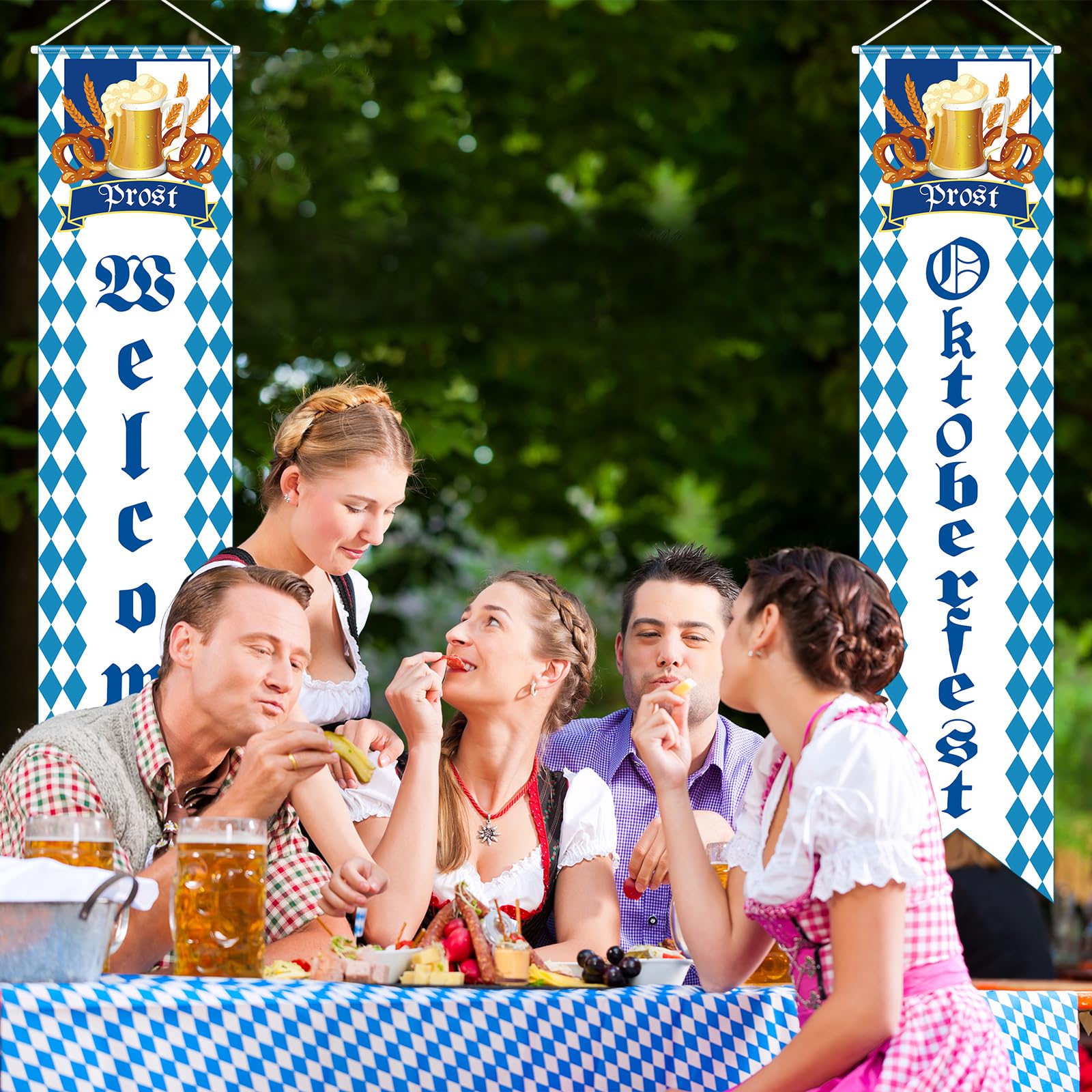 Oktoberfest Welcome Banner Decorations, Blue and White Bavarian Flag Check Welcome Porch Sign Banner, Welcome Oktoberfest Door Banner Decorations for German Oktoberfest Beer Festival Party Supplies