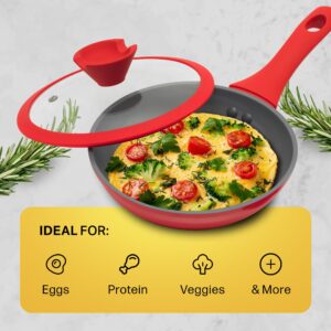 NATIVO Ceramic Nonstick Frypan Skillet, 7 inch Nontoxic Fry Pan with Ergonomic Handle, Spoon Rest Knob, Perfect Seal Lid, Egg frying pan, Omelet Pan with Silicone Spatula (RED)