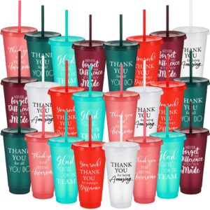 gerrii 24 pcs appreciation tumbler bulk for employee coworker thank you 24oz glitter plastic cups with lids and straws reusable iced coffee travel mug inspirational gifts for birthday (multi colors)