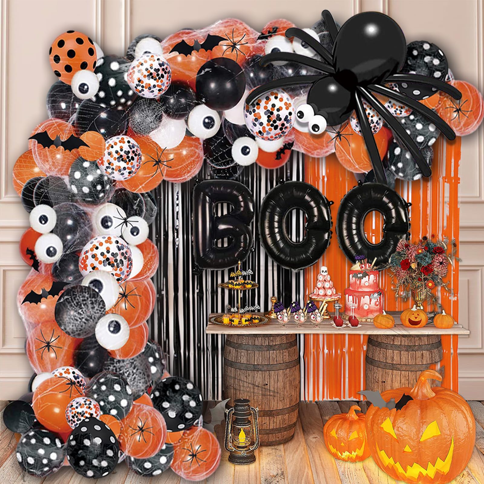 AIBIIN 116 Halloween Party Balloons Halloween Balloon Arch Garland Kit Black Orange Confetti Balloons Orange Black Foil Fringe Curtain Halloween Spooky Boo Birthday Baby Shower Party Balloons Supplies