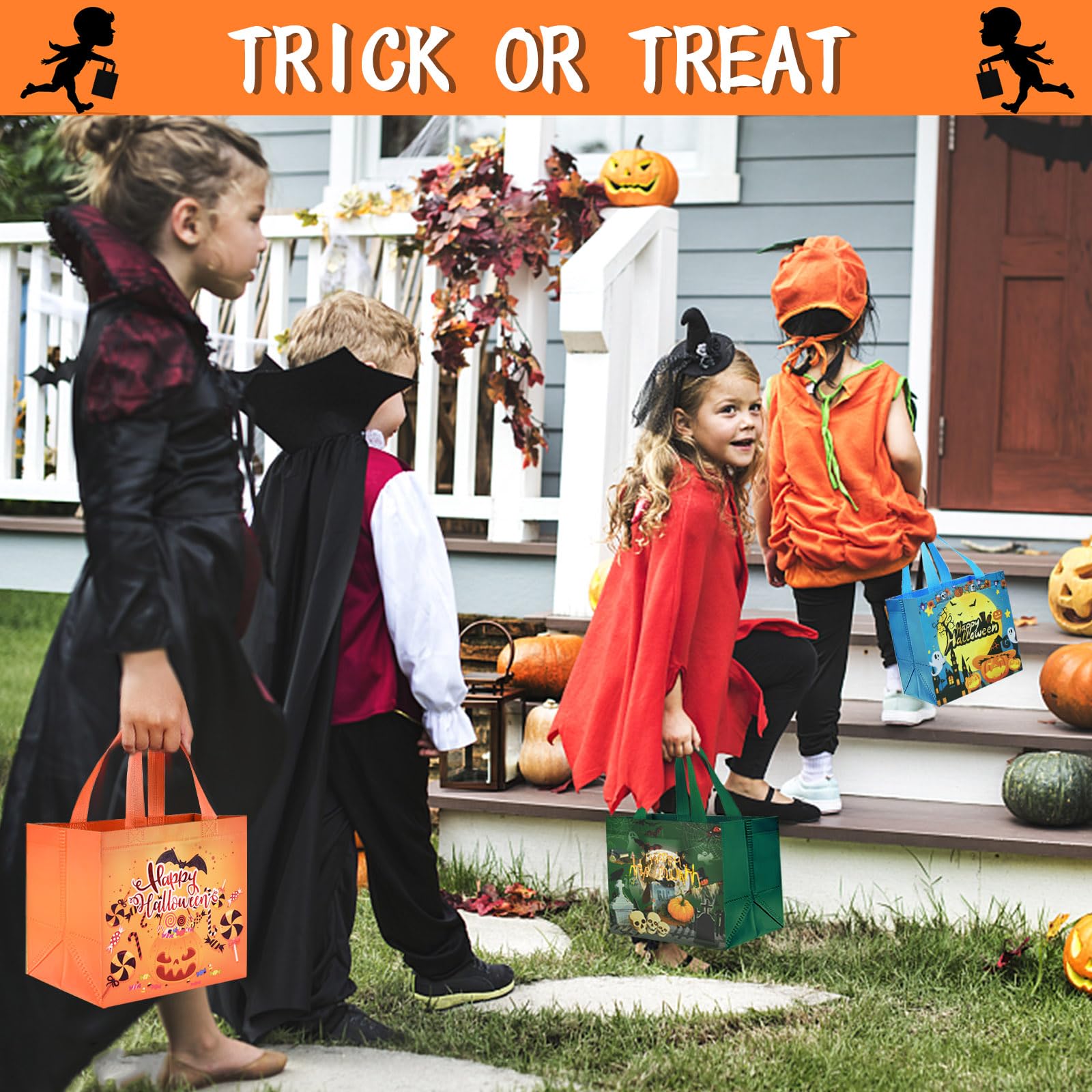 AhfuLife 6 Pcs Halloween Trick or Treat Bags, Halloween Candy Tote Bags with Handles, Reusable Halloween Non-Woven Gift Bags for Halloween Party Supplies Favors (7.8×7.8×5.9’’)